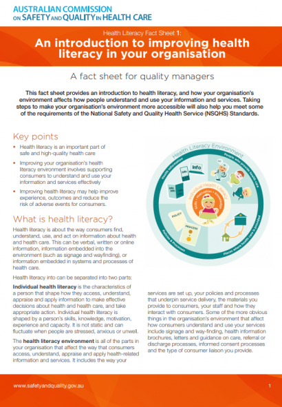 Fact Sheet 1 Health Literacy Introduction To Improving Health