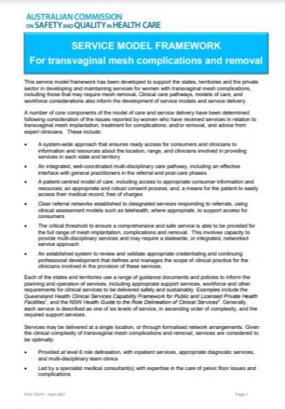 Service model framework for transvaginal mesh complications and removal ...
