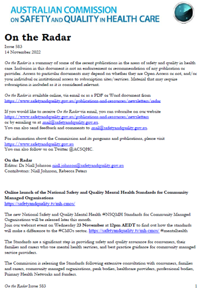 On the Radar Issue 583 | Australian Commission on Safety and Quality in ... On the Radar Issue 583 | Australian Commission on Safety and Quality in ...