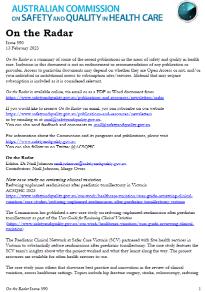 On the Radar Issue 590 | Australian Commission on Safety and Quality in ... On the Radar Issue 590 | Australian Commission on Safety and Quality in ...