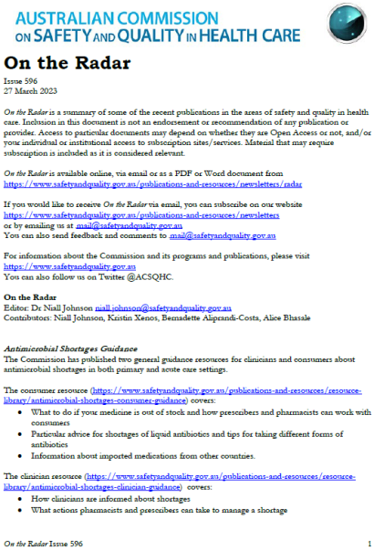On the Radar Issue 596 | Australian Commission on Safety and Quality in ... On the Radar Issue 596 | Australian Commission on Safety and Quality in ...