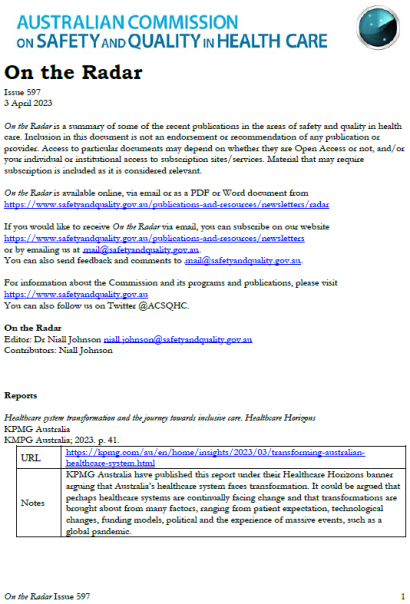 On the Radar Issue 597 | Australian Commission on Safety and Quality in ... On the Radar Issue 597 | Australian Commission on Safety and Quality in ...