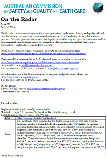 On the Radar Issue 599 | Australian Commission on Safety and Quality in ... On the Radar Issue 599 | Australian Commission on Safety and Quality in ...