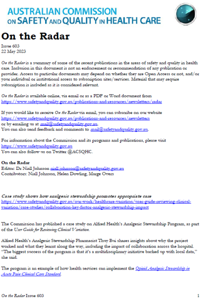 On the Radar Issue 603 | Australian Commission on Safety and Quality in ... On the Radar Issue 603 | Australian Commission on Safety and Quality in ...