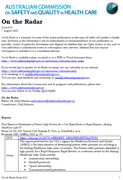 On the Radar Issue 614 | Australian Commission on Safety and Quality in ... On the Radar Issue 614 | Australian Commission on Safety and Quality in ...