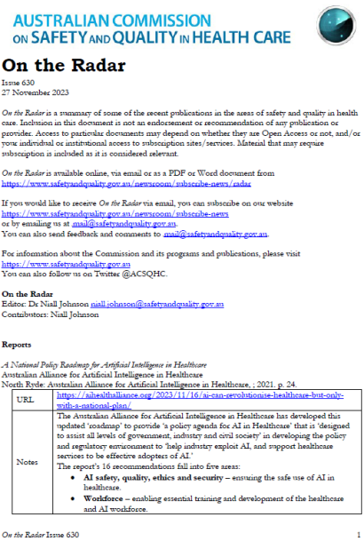 On the Radar Issue 630 | Australian Commission on Safety and Quality in ... On the Radar Issue 630 | Australian Commission on Safety and Quality in ...