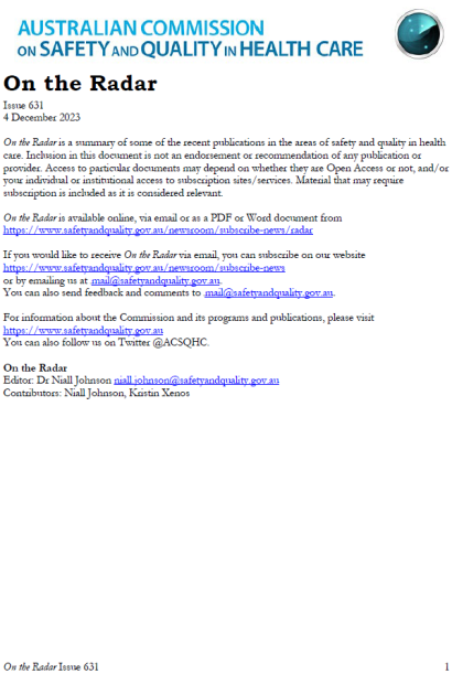 On the Radar Issue 631 | Australian Commission on Safety and Quality in ... On the Radar Issue 631 | Australian Commission on Safety and Quality in ...