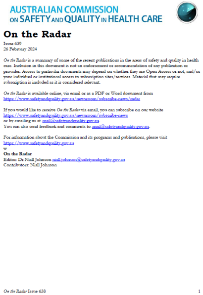 On the Radar Issue 639 | Australian Commission on Safety and Quality in ... On the Radar Issue 639 | Australian Commission on Safety and Quality in ...