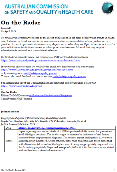 On the Radar Issue 645 | Australian Commission on Safety and Quality in ... On the Radar Issue 645 | Australian Commission on Safety and Quality in ...