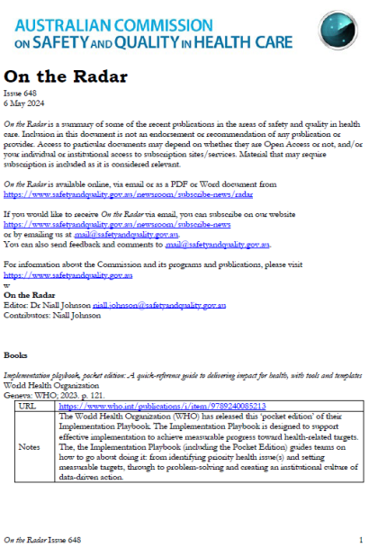 On the Radar Issue 648 | Australian Commission on Safety and Quality in ... On the Radar Issue 648 | Australian Commission on Safety and Quality in ...