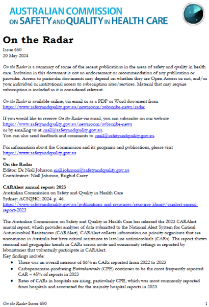 On the Radar Issue 650 | Australian Commission on Safety and Quality in ... On the Radar Issue 650 | Australian Commission on Safety and Quality in ...