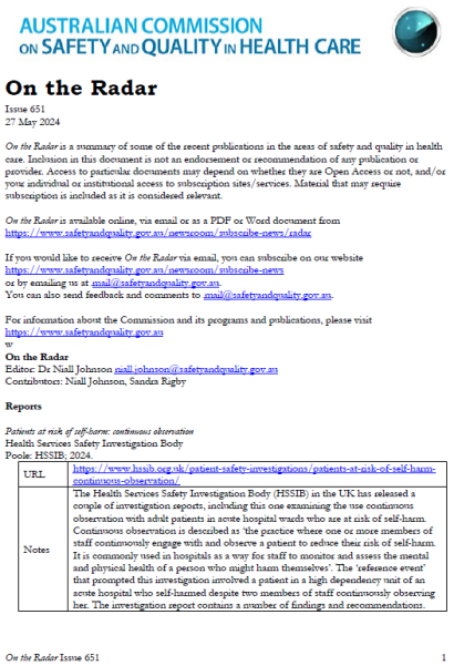 On the Radar Issue 651 | Australian Commission on Safety and Quality in ... On the Radar Issue 651 | Australian Commission on Safety and Quality in ...