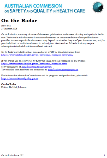 On the Radar Issue 682 | Australian Commission on Safety and Quality in ... On the Radar Issue 682 | Australian Commission on Safety and Quality in ...
