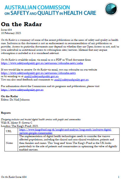 On the Radar Issue 684 | Australian Commission on Safety and Quality in ... On the Radar Issue 684 | Australian Commission on Safety and Quality in ...